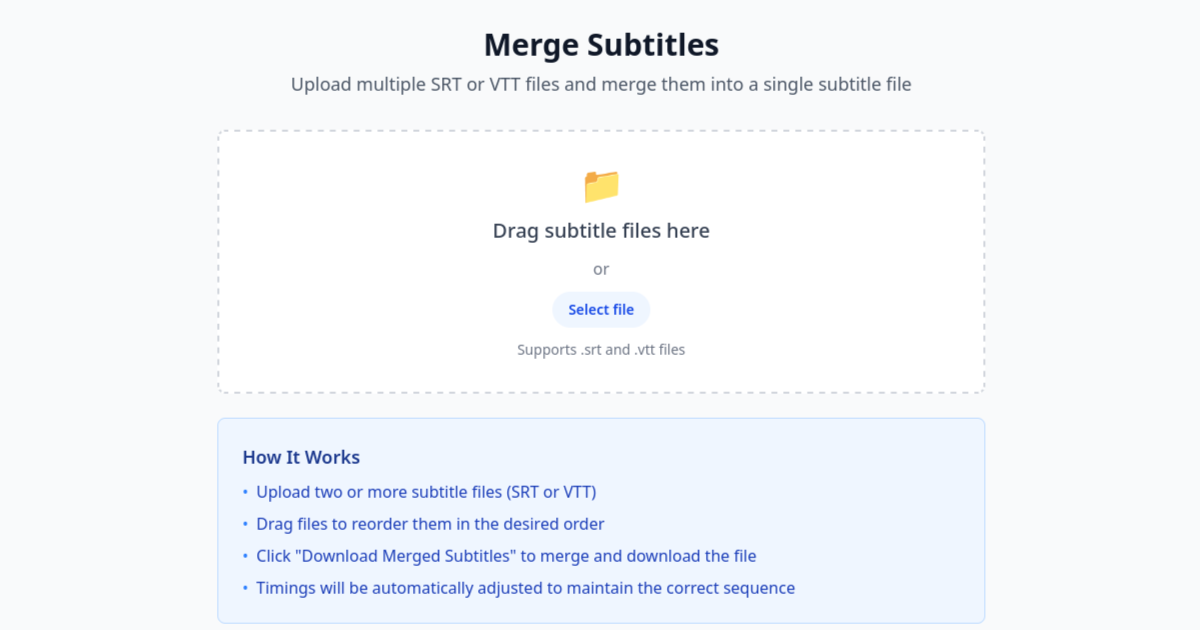 Merge Subtitles - Free Online Tool to Merge SRT and VTT Files
